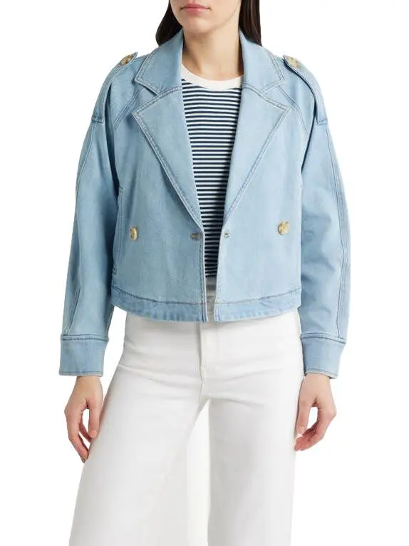 CITY BLUES Double-breasted Denim Crop Trench Jacket - Vintage Wash