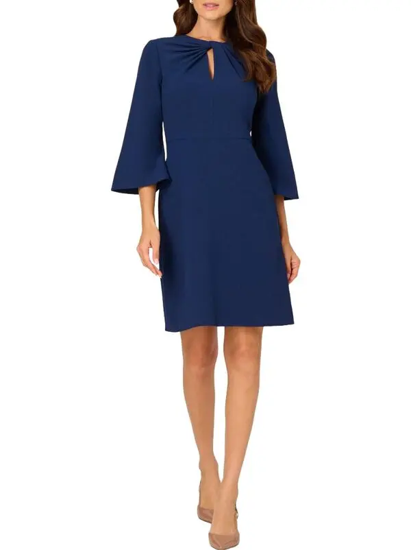 Adrianna Papell Side Ruched Long Sleeve Sheath Dress - Navy Sateen