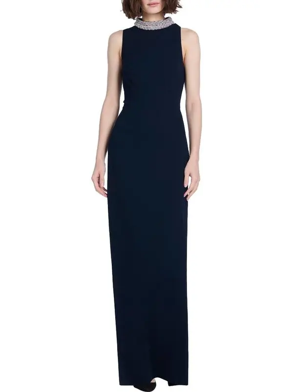 EMILY SHALANT Braided Crystal Mock Neck Sleeveless Gown - Midnight