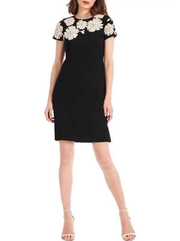 EMILY SHALANT Floral Appliqué Crepe Minidress - Black