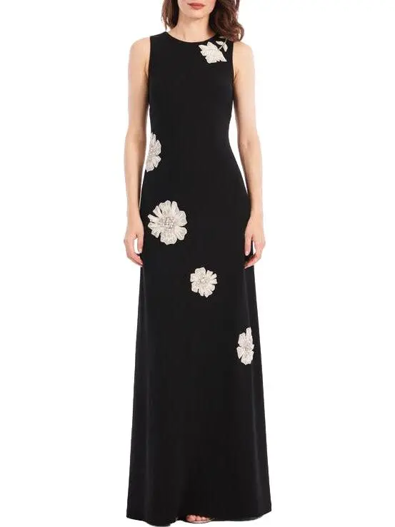 EMILY SHALANT Floral Appliqué Embellished Crepe Gown - Black