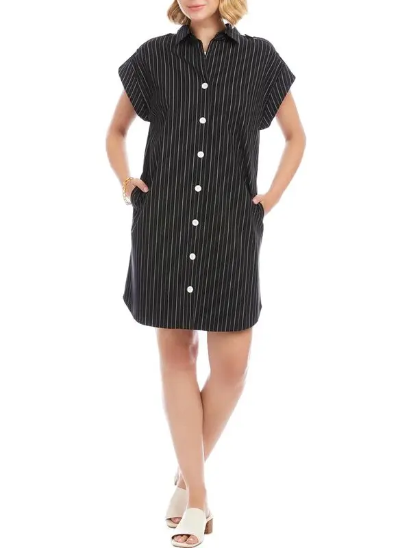Karen Kane Stripe Cap Sleeve Shirt Dress - Black/off White