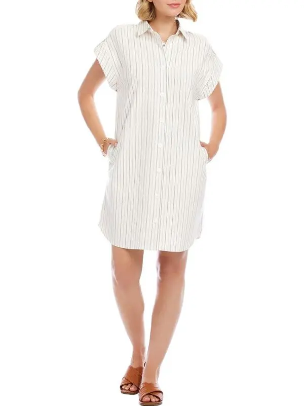 Karen Kane Stripe Cap Sleeve Shirt Dress - Off White/black