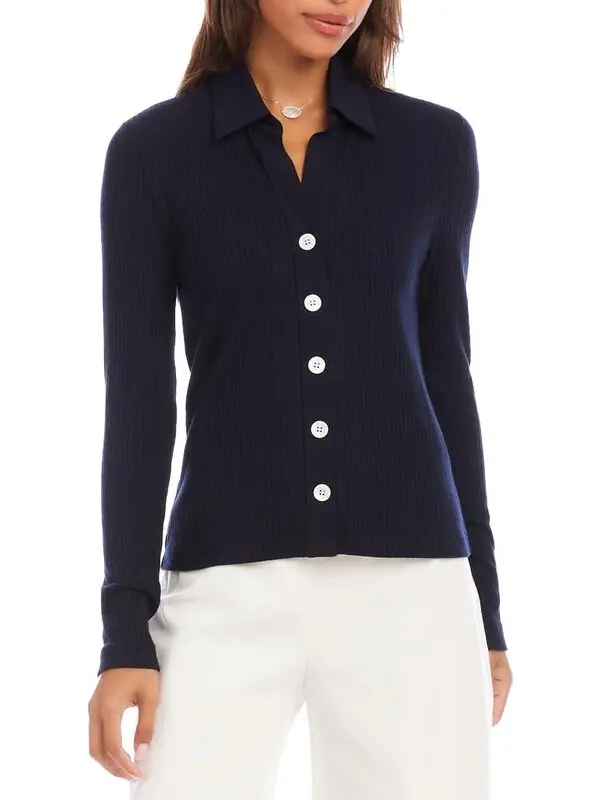 Karen Kane Button-up Rib Top - Navy