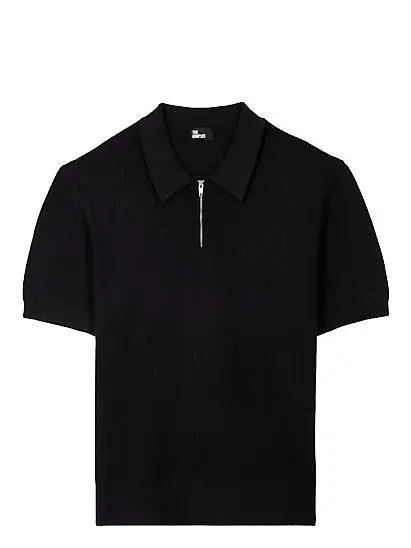 The Kooples Waffle-textured Zipped Knitted Polo Shirt - Dark Navy