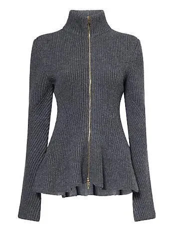 Alaïa Ribbed Peplum Knitted Wool Cardigan - Gris Fonce