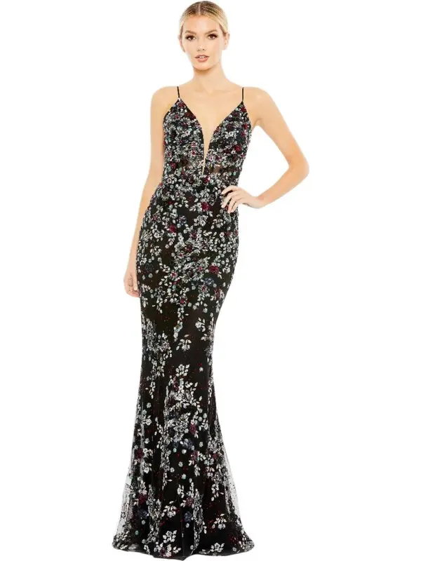 Mac Duggal Embellished Plunge Neck Gown - Black
