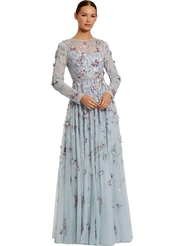 Mac Duggal Floral Embellished Long Sleeve Evening Gown - Blue