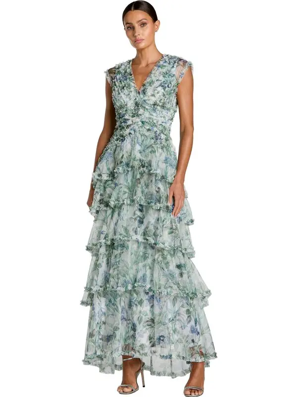 Mac Duggal Floral Tiered Ruffle Maxi Dress - Blue Multi