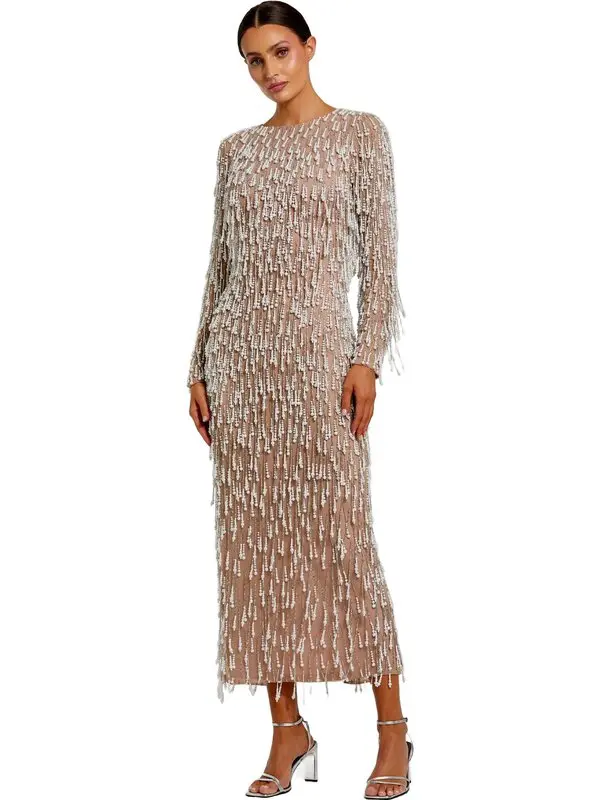 Mac Duggal Long Sleeve Embellished Fringe Midi Dress - Ivory Nude