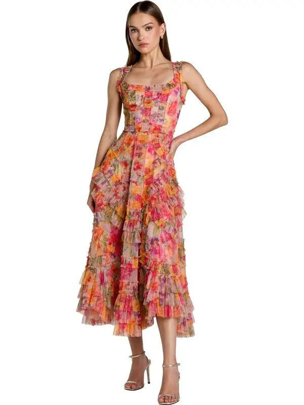 Mac Duggal Floral Scoop Neck A-line Ruffle Midi Dress - Multi