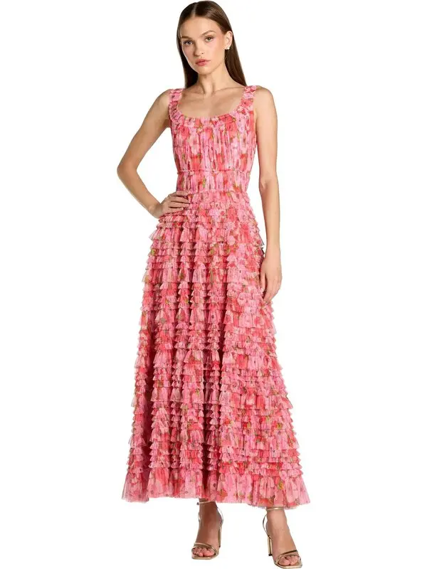 Mac Duggal Floral Printed Ruffle Maxi Dress - Cherry Multi