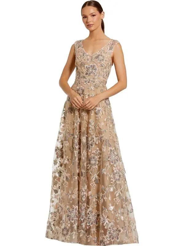 Mac Duggal Floral Embroidered V-neck A-line Gown - Taupe