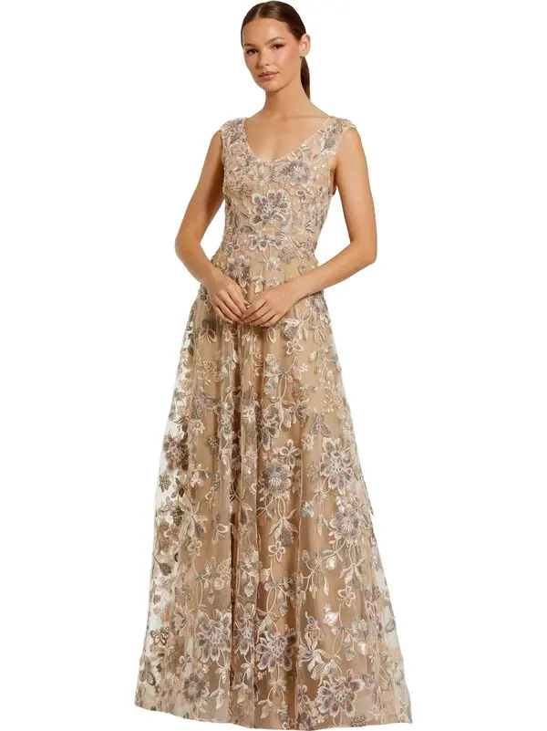 Mac Duggal Floral Embroidered V-neck Gown - Taupe