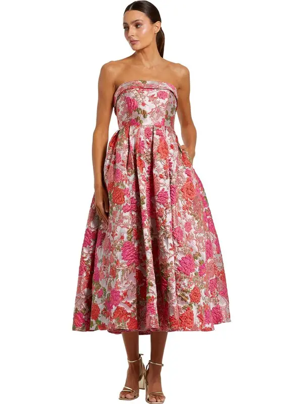 Mac Duggal Floral Brocade A-line Midi Dress - Pink Multi