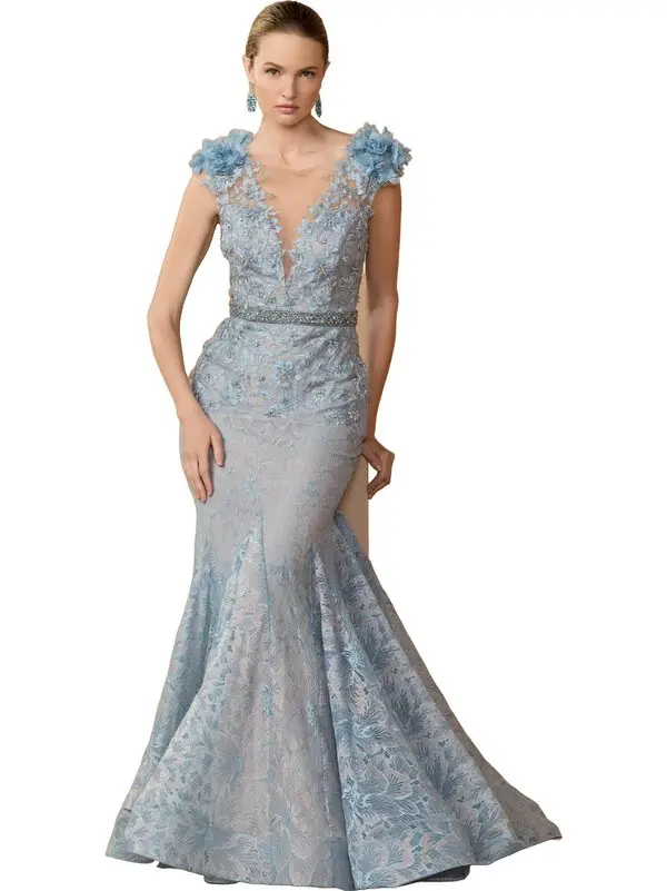 MAC DUGGAL COLLECTION Embellished Lace Illusion Neck Gown With 3d Flowers - Blue