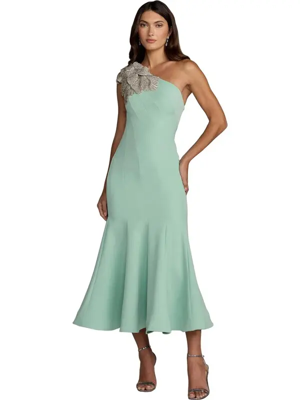 Mac Duggal Crepe One Shoulder Midi Dress With Floral Applique - Green