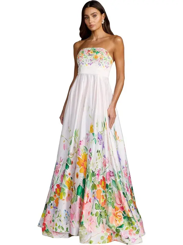 Mac Duggal Floral Print Strapless A-line Gown With Pockets - Ivory Multi