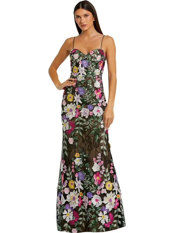 Mac Duggal Floral Embroidered Sleeveless Bustier Gown - Black