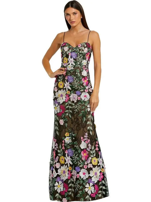 Mac Duggal Floral Embroidered Sleeveless Bustier Gown - Black