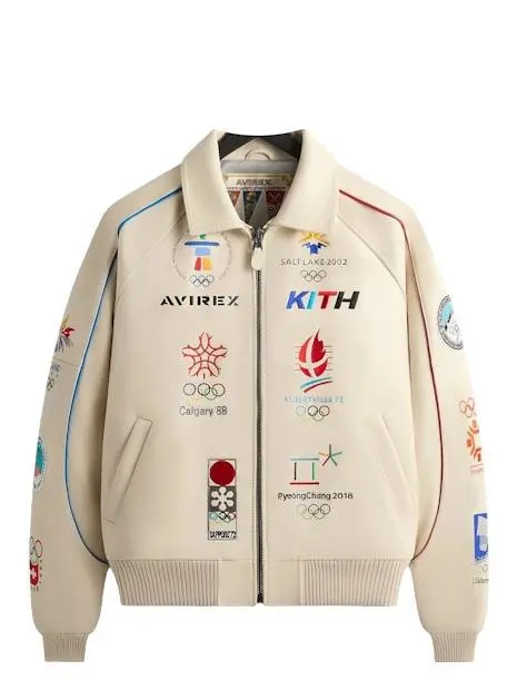 Kith X Avirex Olympics Heritage Leather Bomber Jacket - Tofu
