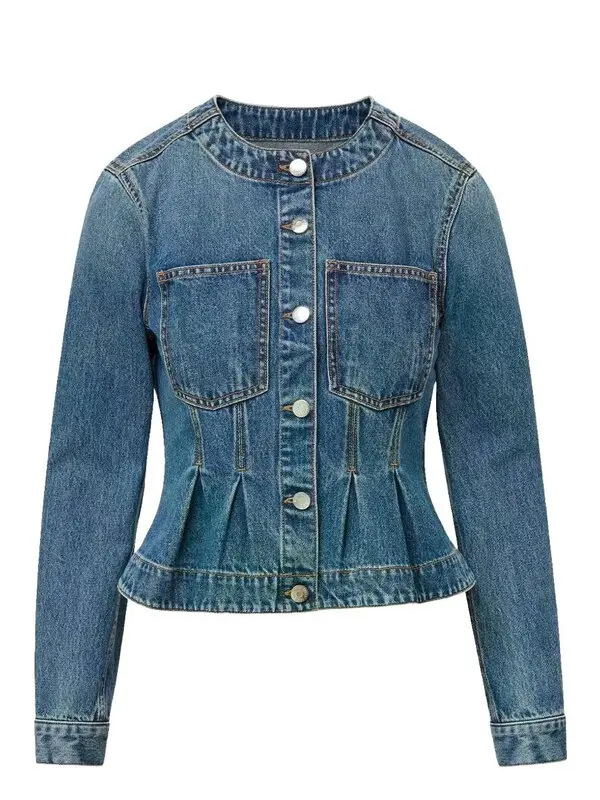 Veronica Beard Buttoned Pleated Denim Jacket - Blue