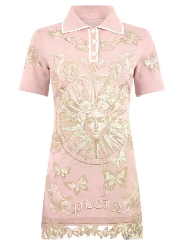 Philipp Plein Butterfly Embroidered Collared Mini Dress - Pink
