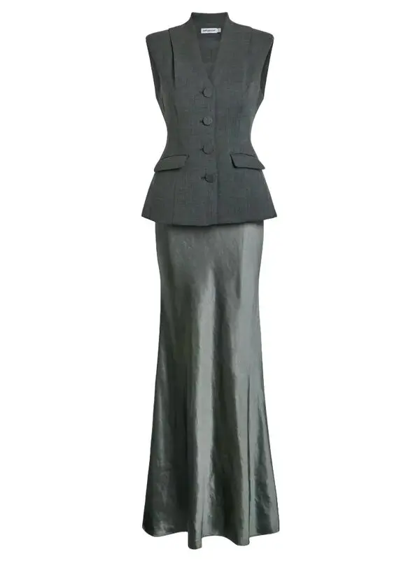 SELF-PORTRAIT Buttoned Maxi Dress - Grey