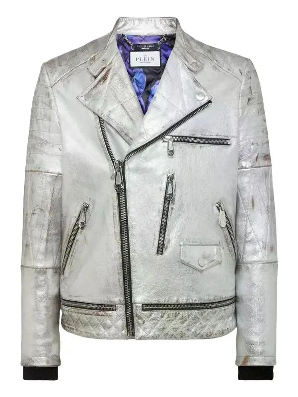 Philipp Plein Leather Biker Jacket - Silver