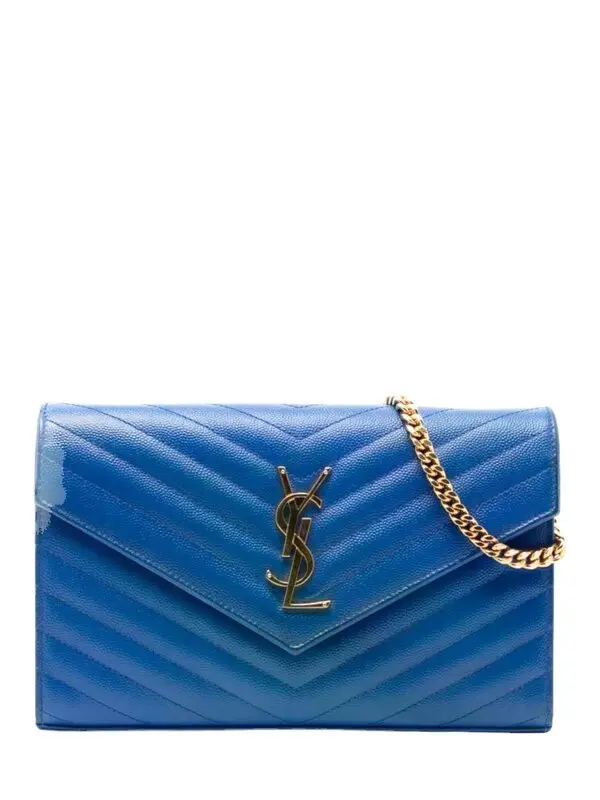 Saint Laurent Grain De Poudre Monogram Envelope Chain Wallet - Blue