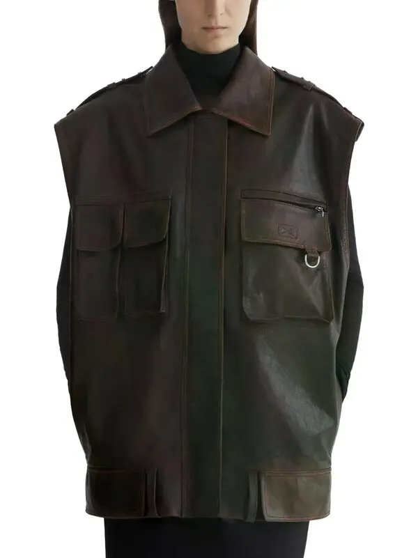MUGLER Leather Military Gilet - Brown