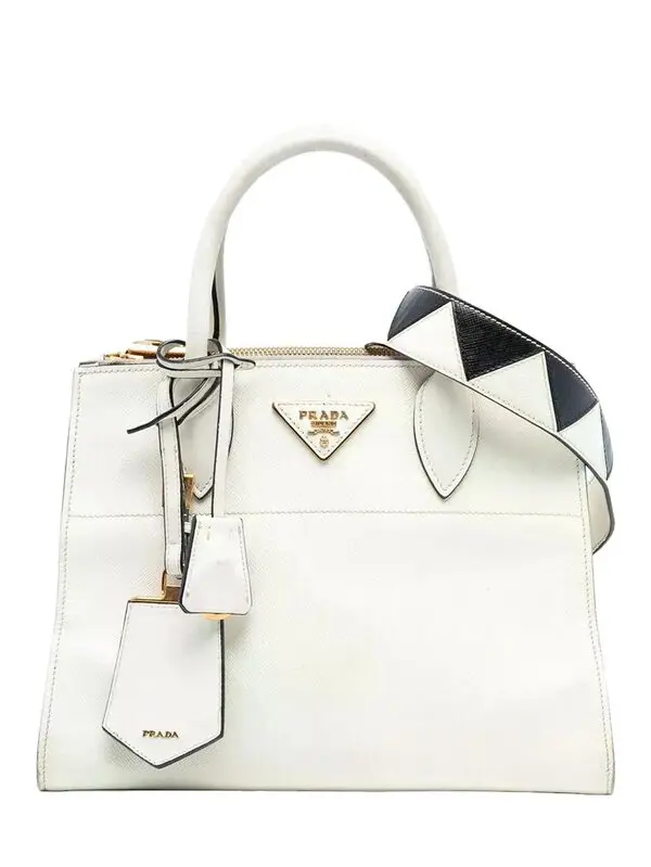 Prada City Calf Trimmed Saffiano Greche Paradigme Bag Satchel - White