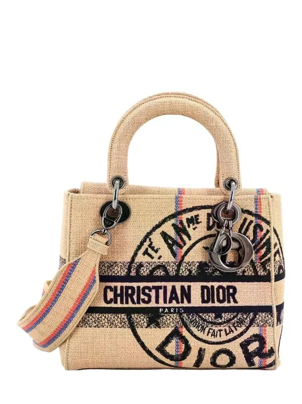 Dior Lady D-lite Embroidered Raffia Satchel - Neutrals