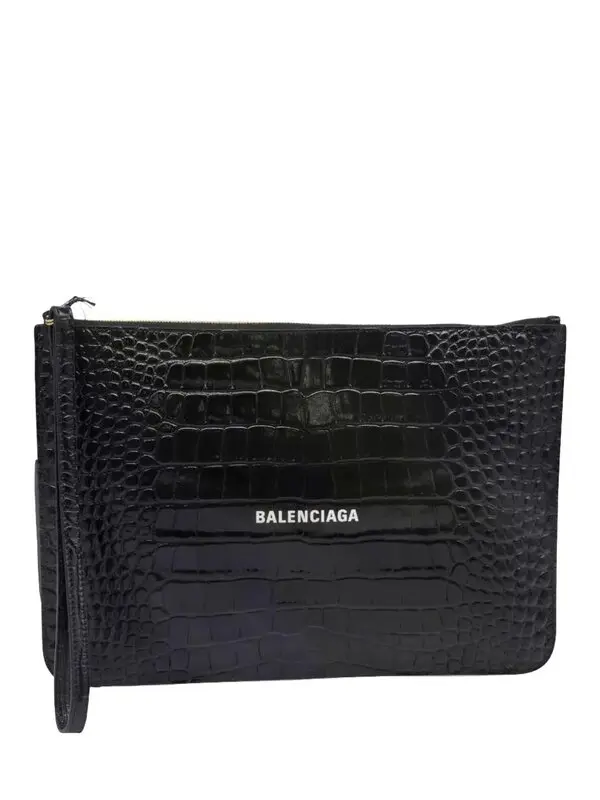 Balenciaga Logo-print Crocodile-embossed Zipped Clutch Bag - Black