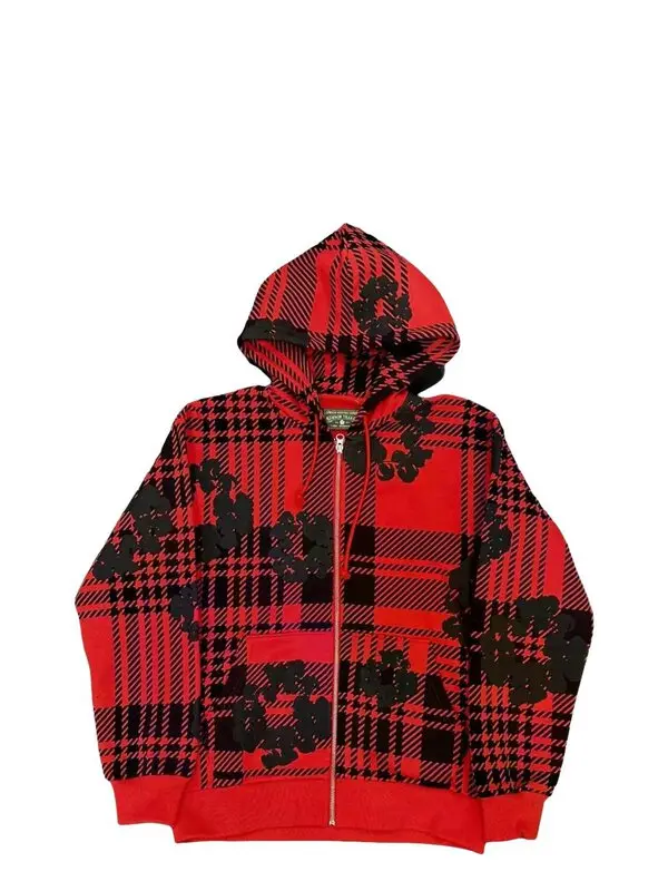 DENIM TEARS Plaid Zip-up Hoodie With Floral Appliqués - Red