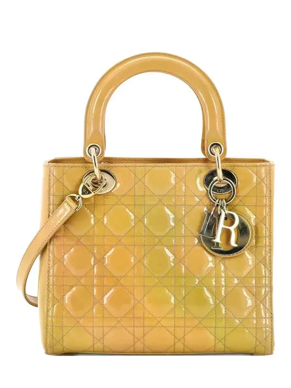 Dior Lady Cannage Quilt Patent Medium Satchel - Gold