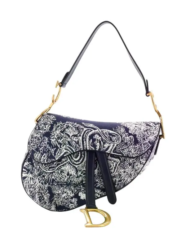 Dior Toile De Jouy Saddle Bag Embroidered Canvas Medium Shoulder Bag - Blue