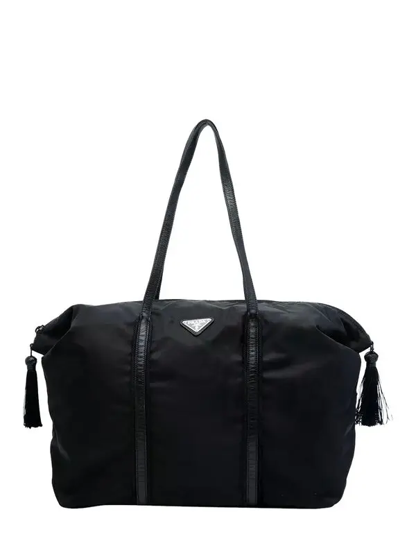 Prada Vitello Trimmed Tessuto Tote Bag - Black