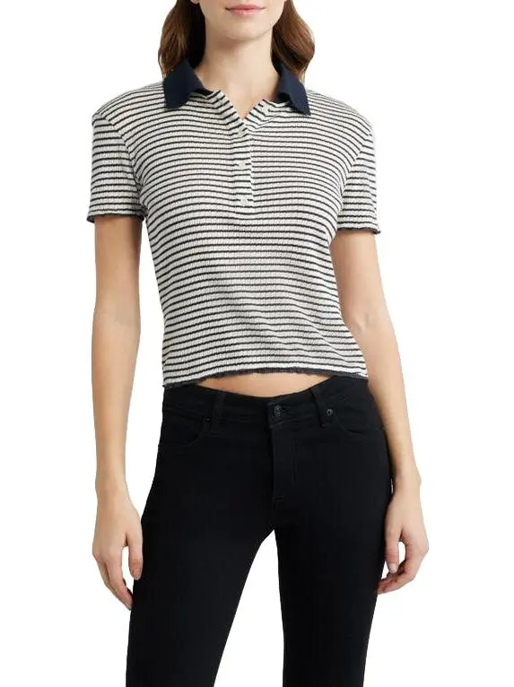 FRAME Stripe Crop Pointelle Polo - Navy Multi