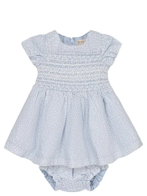 HOPE & HENRY Linen Smocked Puff Sleeve Dress - Blue Chateau Ditsy