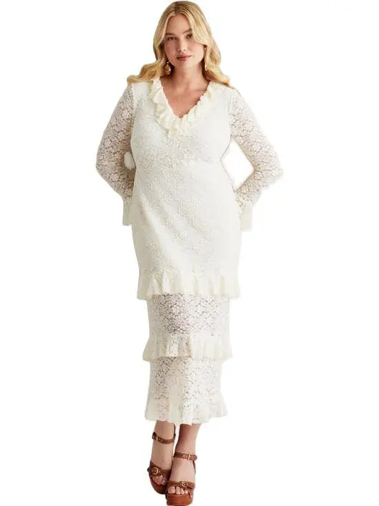 JUNE + VIE Ruffled Lace Maxi Dress - Warm Cream