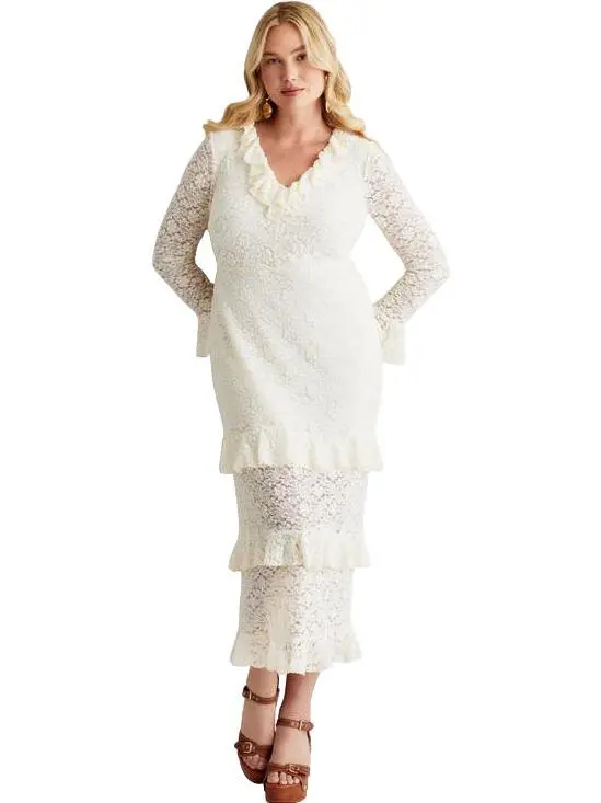 JUNE + VIE Ruffled Lace Maxi Dress - Warm Cream