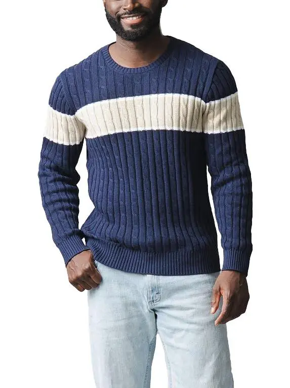 HOPE & HENRY Organic Cotton Crew Neck Cable Sweater - Navy Chest Stripe