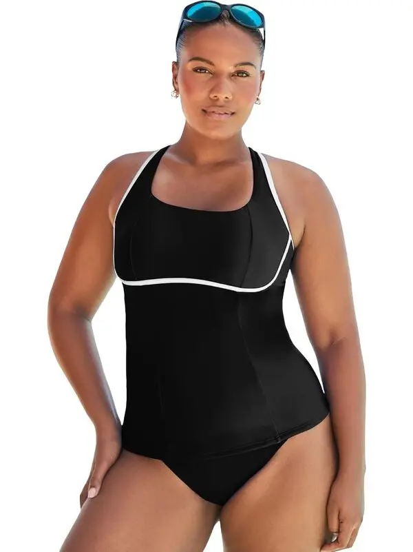 SWIMSUITS FOR ALL Chlorine Resistant Square Neck Tankini Top - Black White