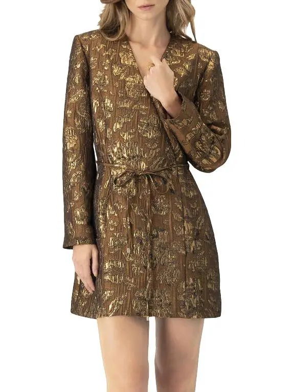 IVONNE Jacquard Short Dress With V-neck And Pockets - Brown