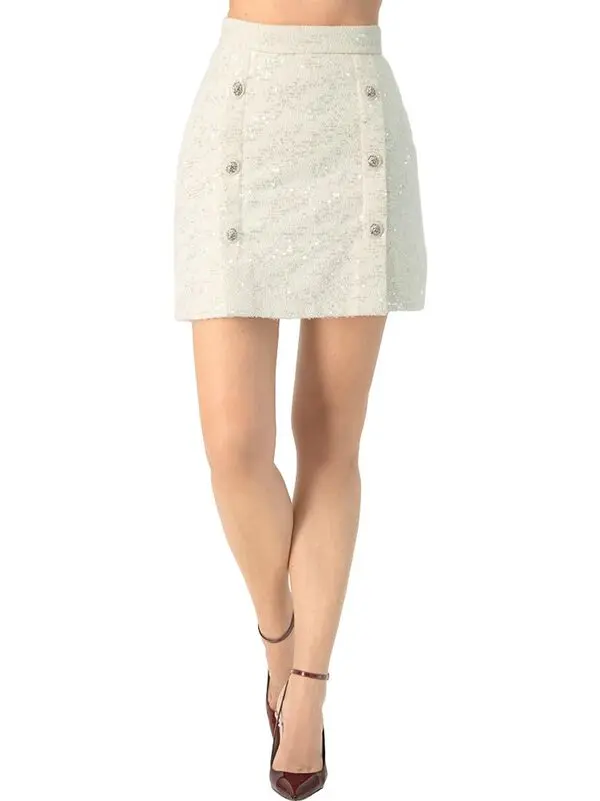 IVONNE Straight Skirt With Front Buttons And Sequins - Ivory