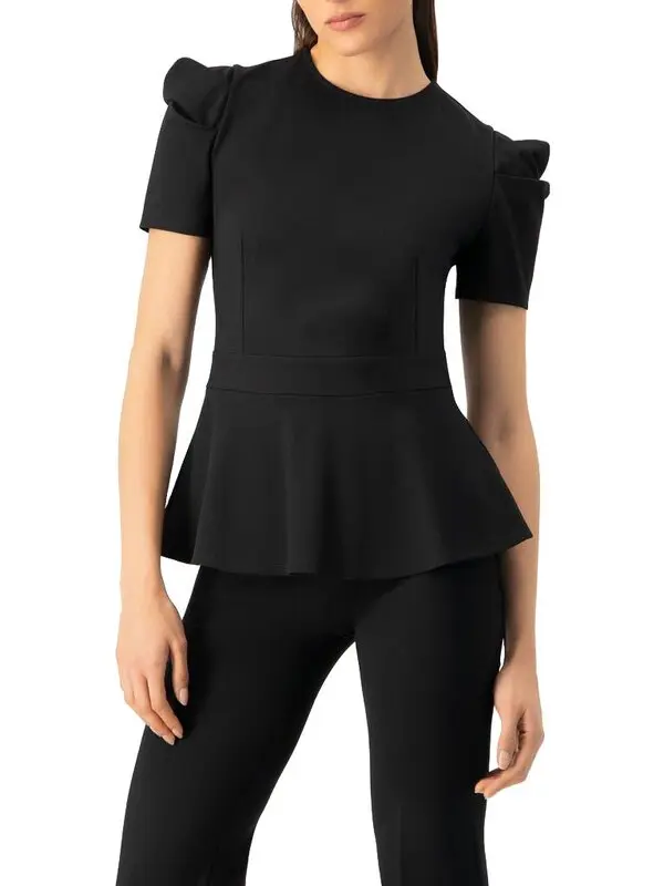 IVONNE Short Sleeve Peplum Blouse - Black
