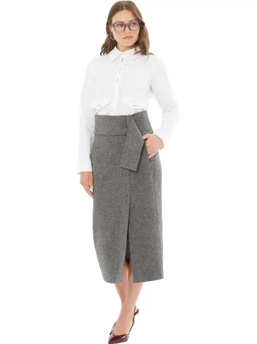 GIZIA Pencil Slit Midi Skirt With Belt - Grey