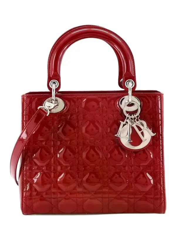 Dior Lady Cannage Quilt Patent Medium Satchel - Red