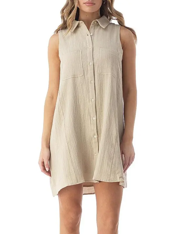 Heaven Relaxed Button-front Sleeveless Shirt Dress - Beige